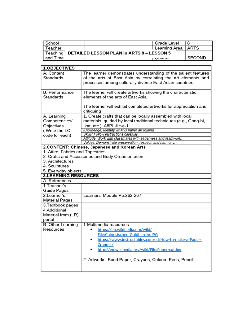 ARTS Grade 8 - Lesson 5 | PDF | Learning | Origami