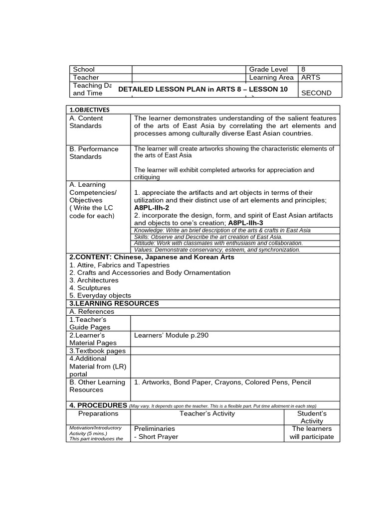 ARTS Grade 8 - Lesson 10 | PDF | Learning | Teachers