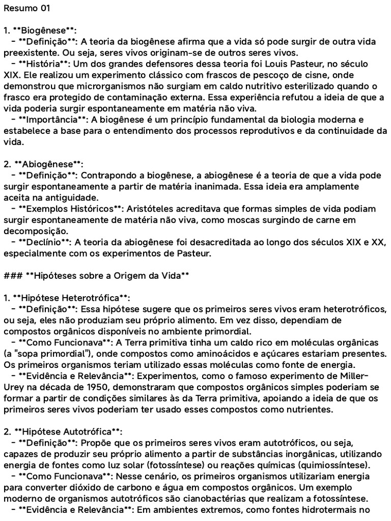 Resumo 01 | PDF | Abiogênese | Vida