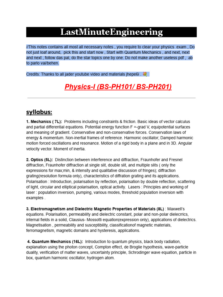 Physics-I (BS-PH101 - BS-PH201) Syllabus | PDF | Diffraction | Quantum Mechanics