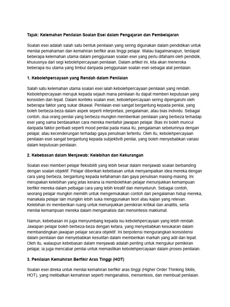 Kelemahan Penilaian Soalan Esei Dalam Pengajaran Dan Pembelajaran | PDF