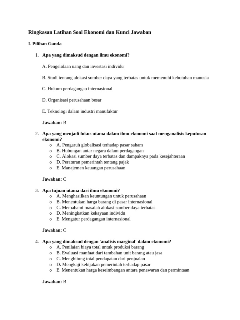Ringkasan Latihan Soal Ekonomi Dan Kunci Jawaban Kelas X | PDF