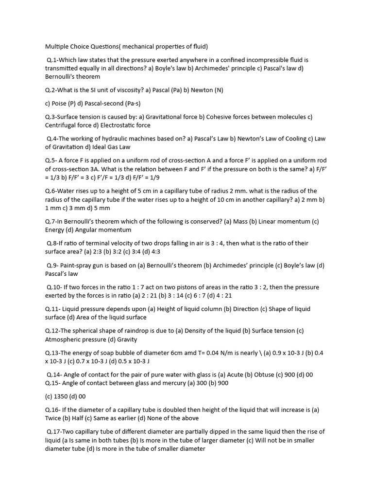 Mcq Fluids | PDF | Force | Pressure