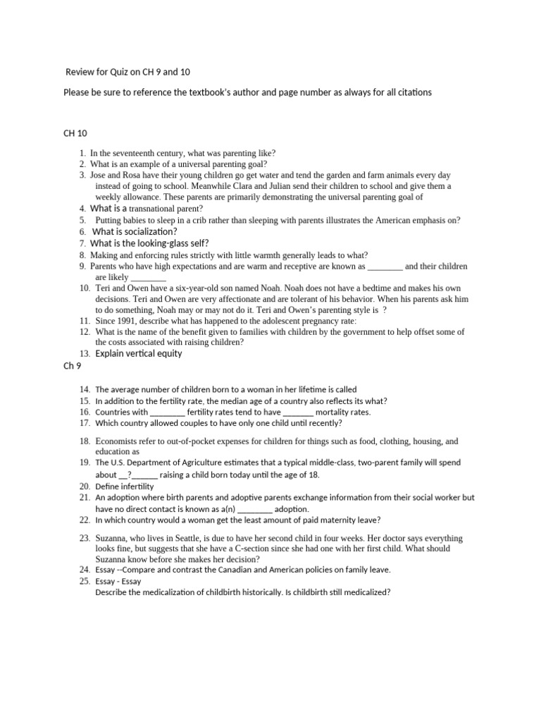 CH 10 Review For Quiz On CH 9 and 10 | PDF | Parental Leave | Childhood