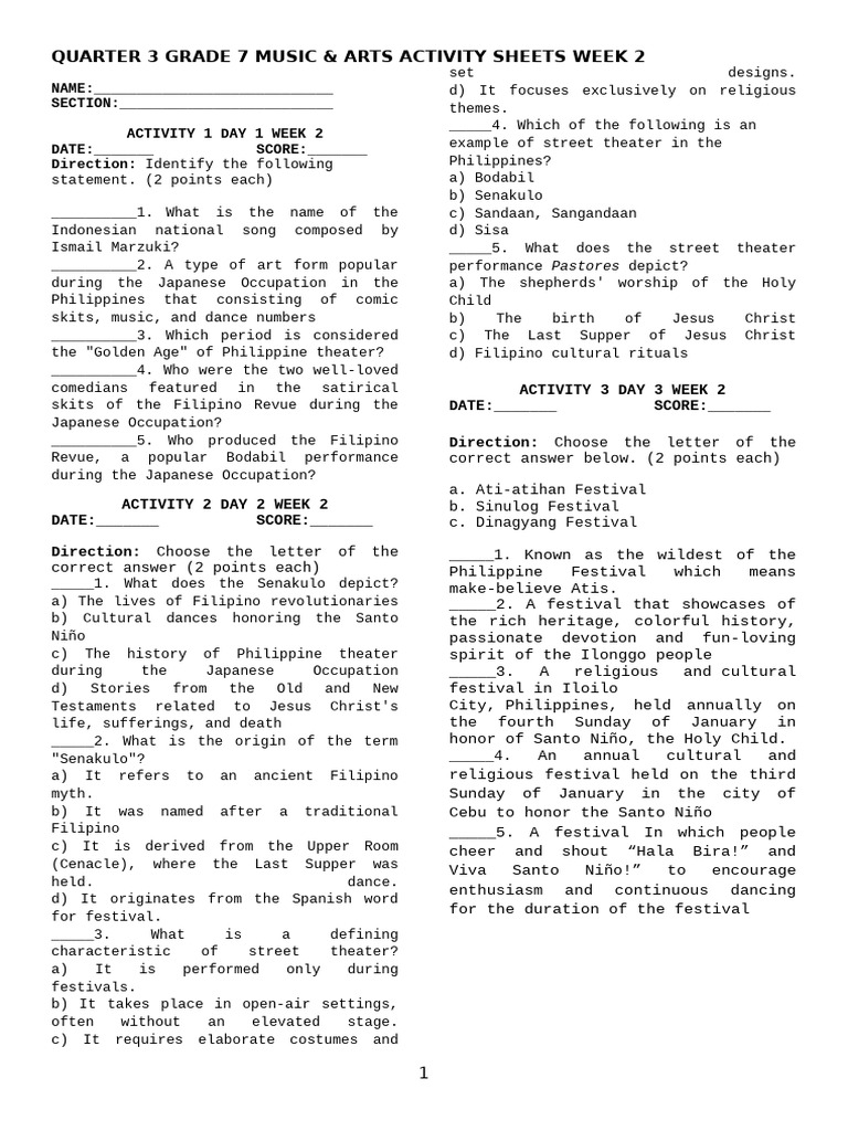 Activity Sheets in Music and Arts 7 Week 2 q3 | PDF | Philippines