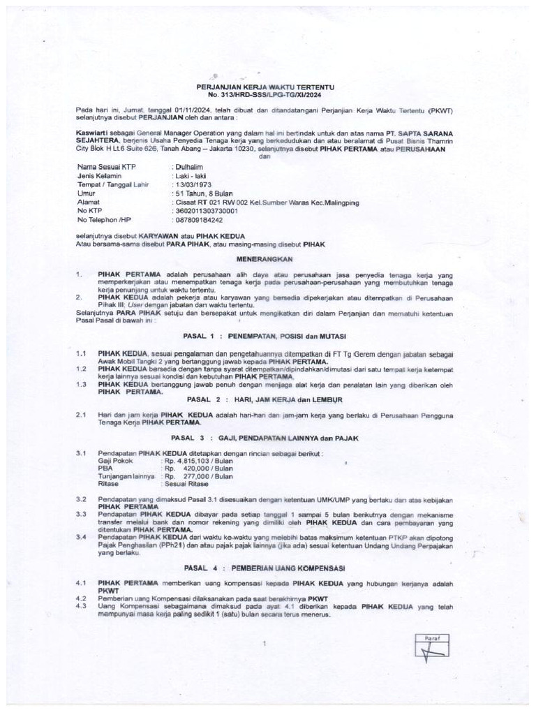 SURAT PERJANJIAN KERJA WAKTU TERTENTU | PDF