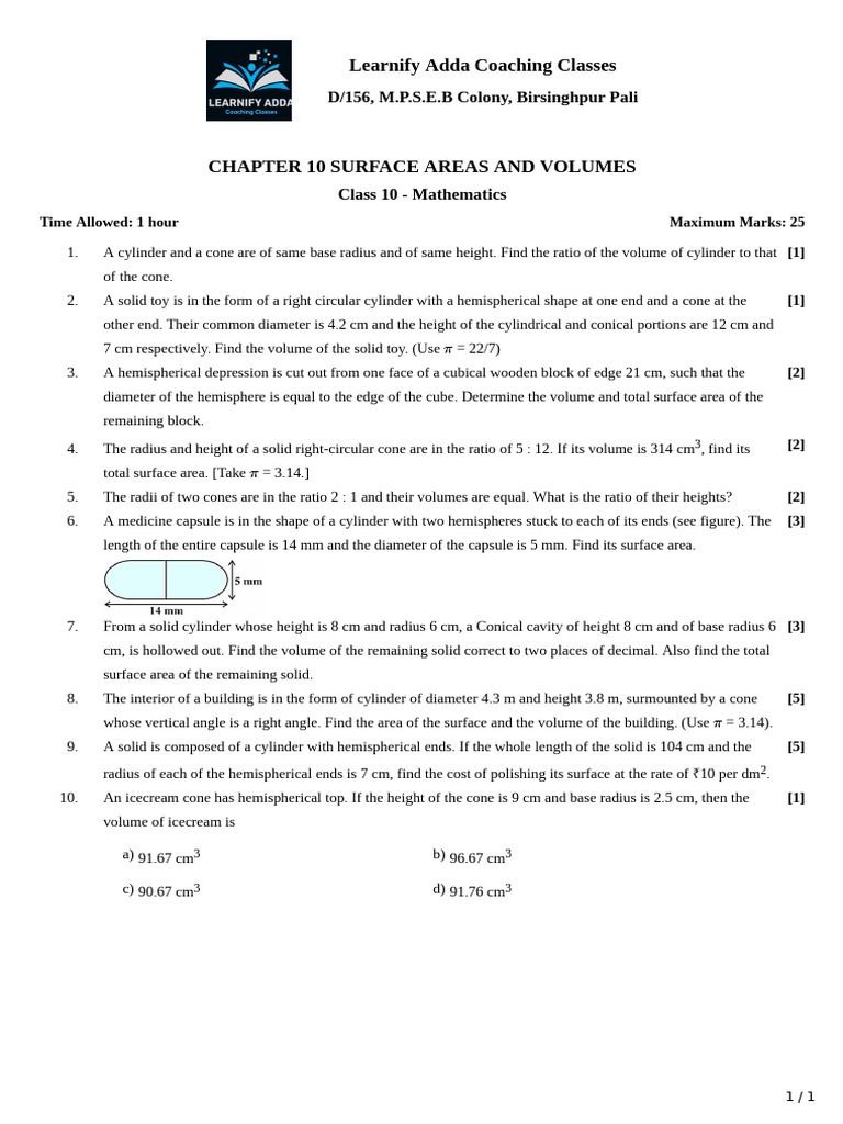 Question Paper Surface Area Nad Volumes | PDF | Sphere | Area