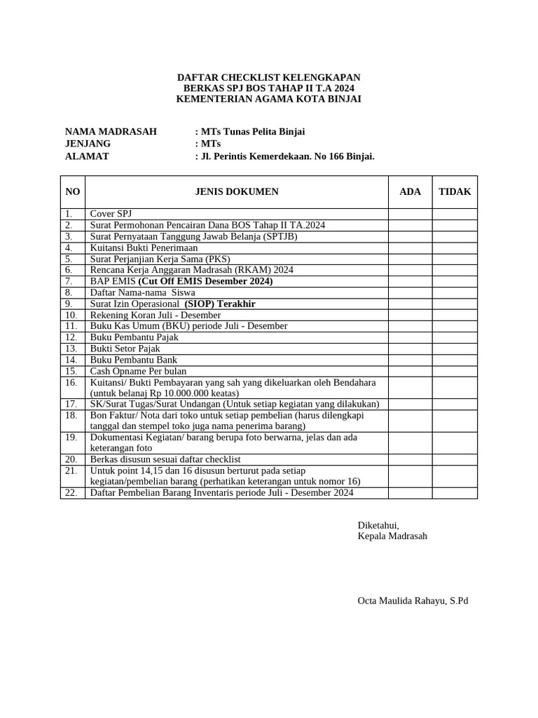 DAFTAR CHECKLIST SPJ BOS 2024 Tahap II | PDF