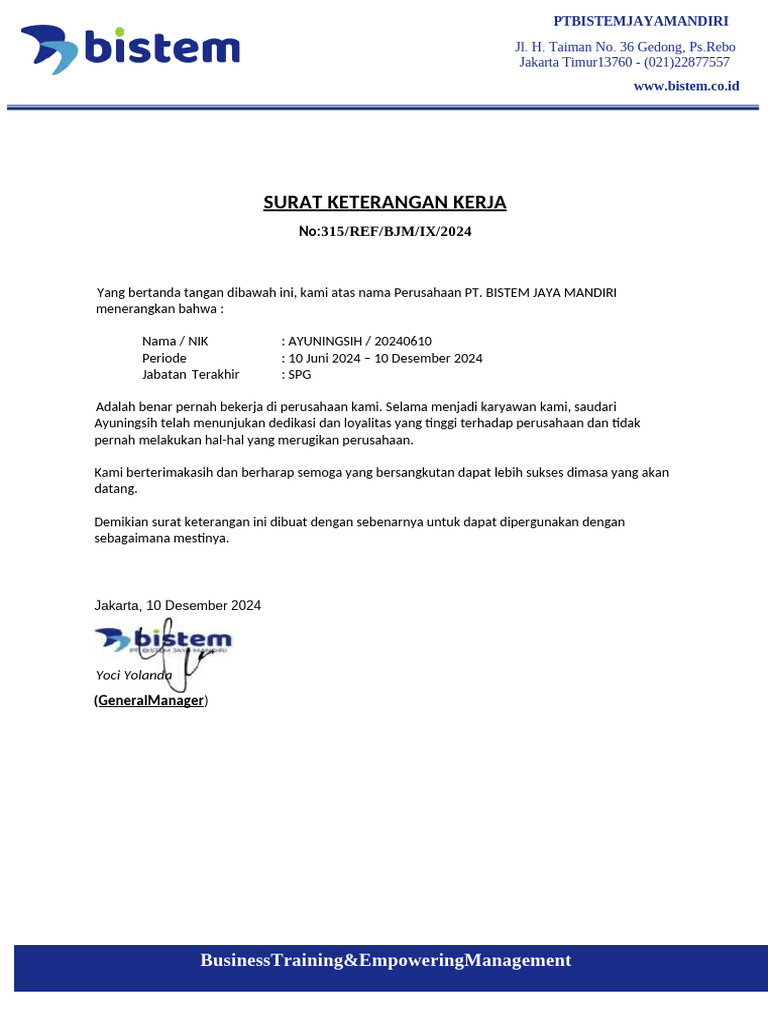 Paklaring Bistem Jaya Mandiri | PDF