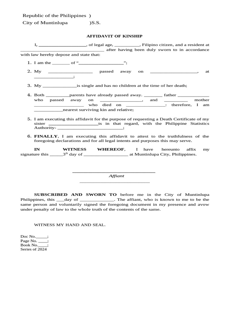 Affidavit of Kinship for Death Certificate | PDF