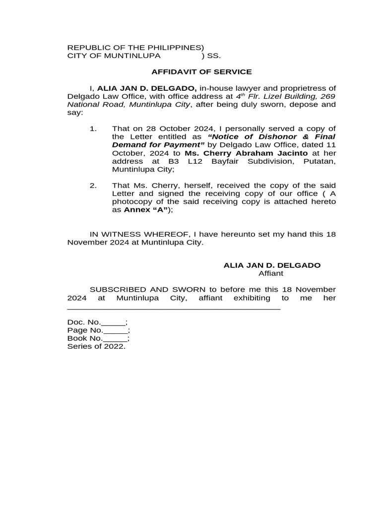 Affidavit of Service in Muntinlupa | PDF