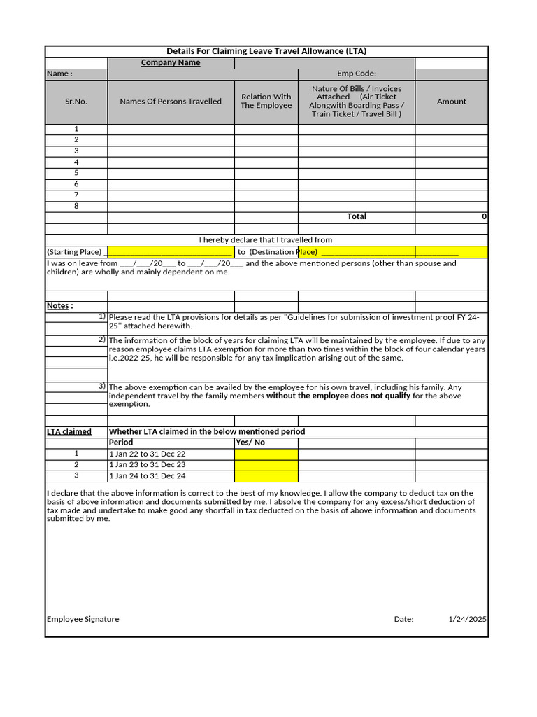 LTA Claim Forms - FY 2024-25 | PDF | Taxes | Government Finances