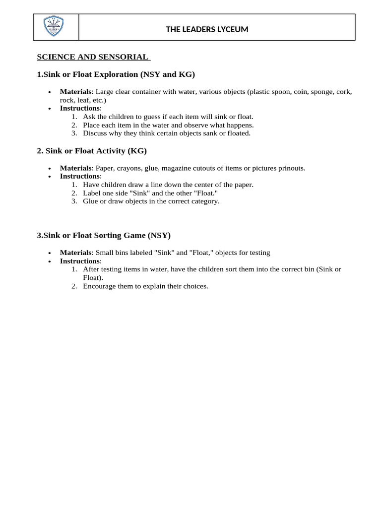 Sink and Float Activities | PDF