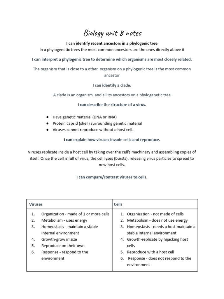 Biology unit 8 notes | PDF | Virus | Cell (Biology)