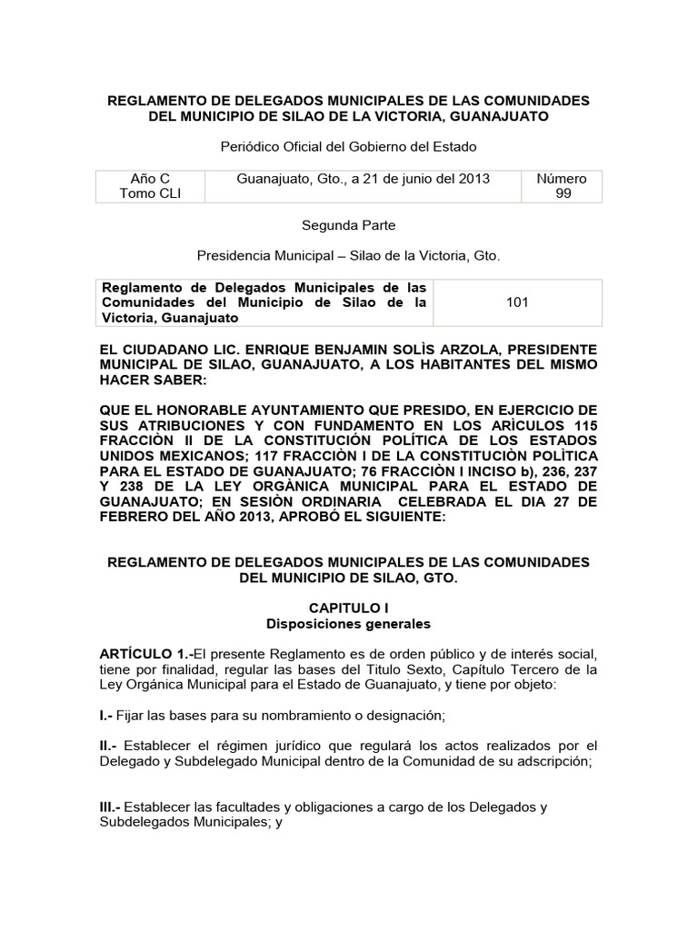Reglamento de Delegados Municipales de Las Comunidades Del Municipio de Silao de La Victoria ...