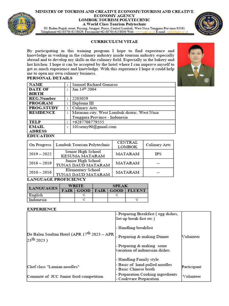 CONTOH CV | PDF | Cooking | Cuisine