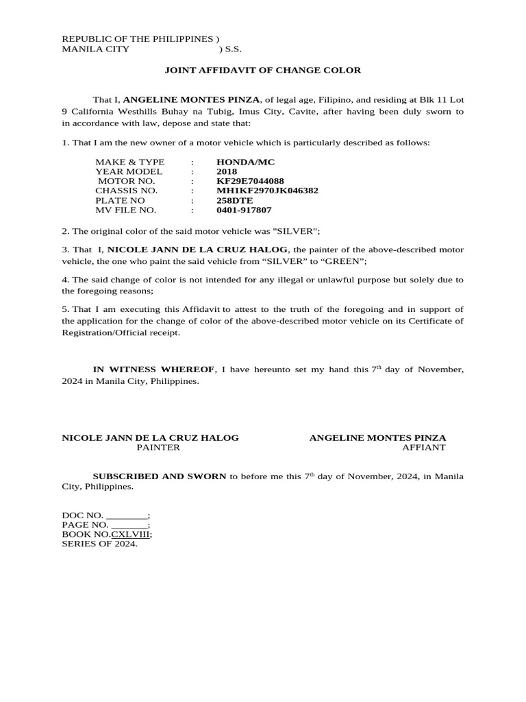 JOINT AFFIDAVIT OF CHANGE COLOR Pinza | PDF