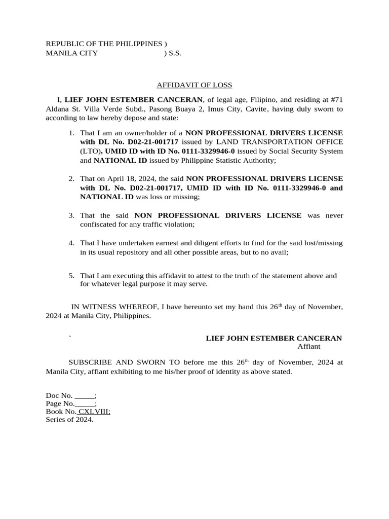 Aff-Of-Loss-Non Pro Canceran | PDF