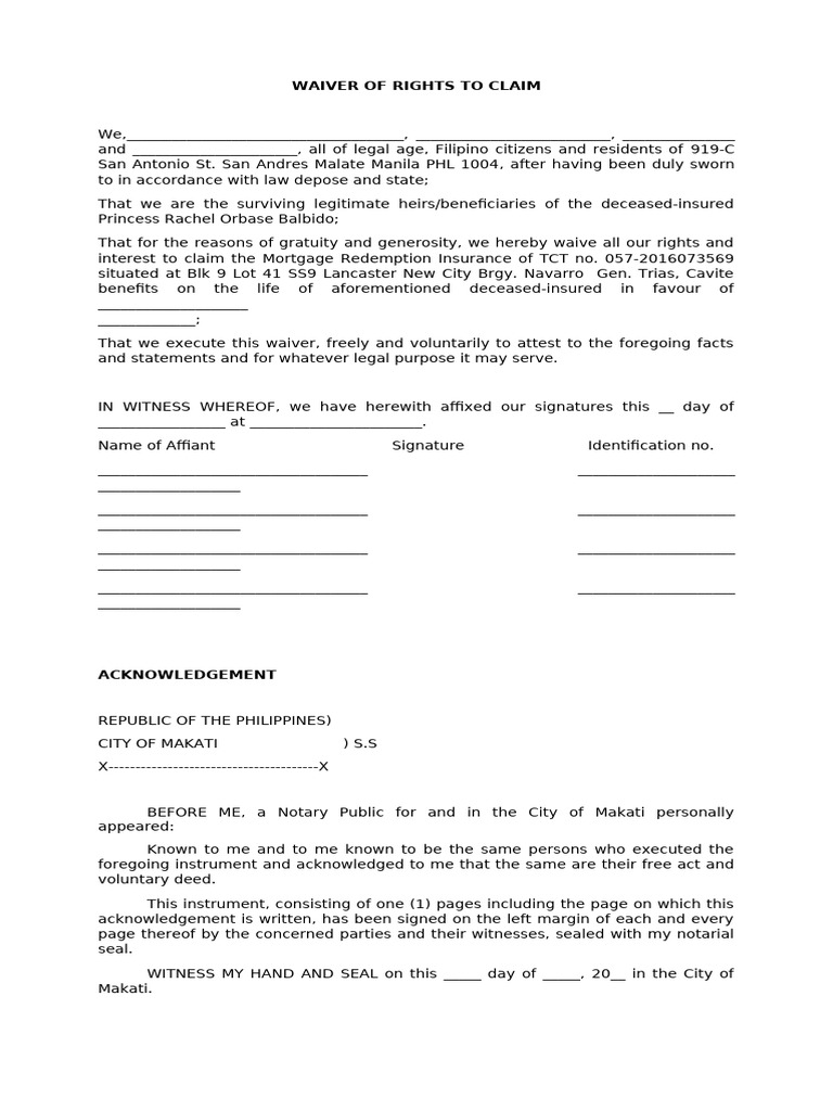 Waiver of Rights to Claim Insurance | PDF