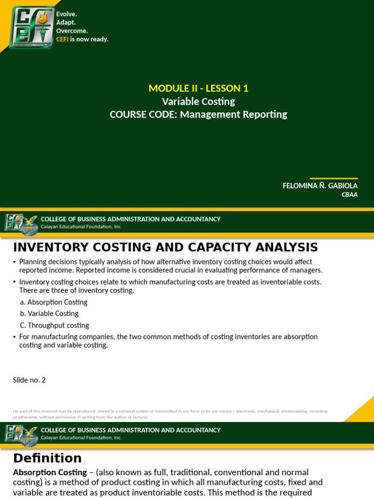 Variable Costing vs. Absorption Costing | PDF | Inventory | Cost