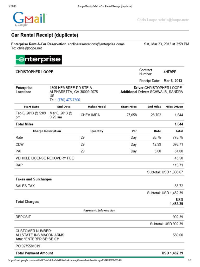 Car Rental Receipt | PDF | Car Rental | Payments