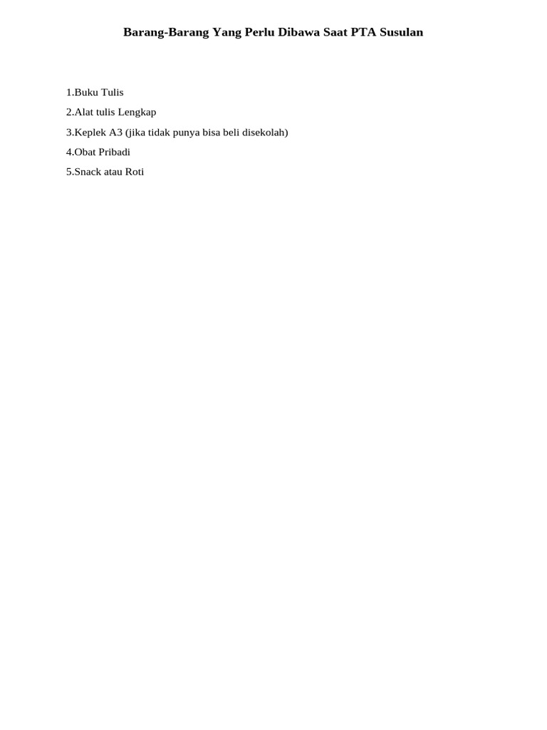 Barang-Barang Yang Perlu Dibawa Oleh Peserta PTA Susulan | PDF