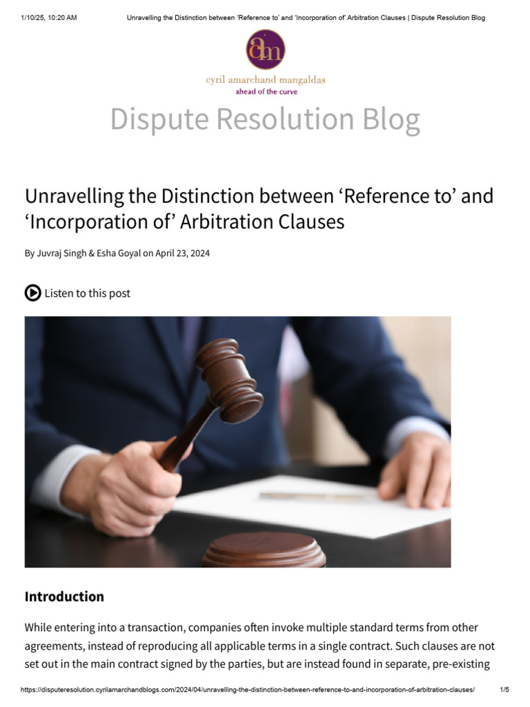 Unravelling The Distinction Between Reference To' and Incorporation Of' Arbitration Clauses ...