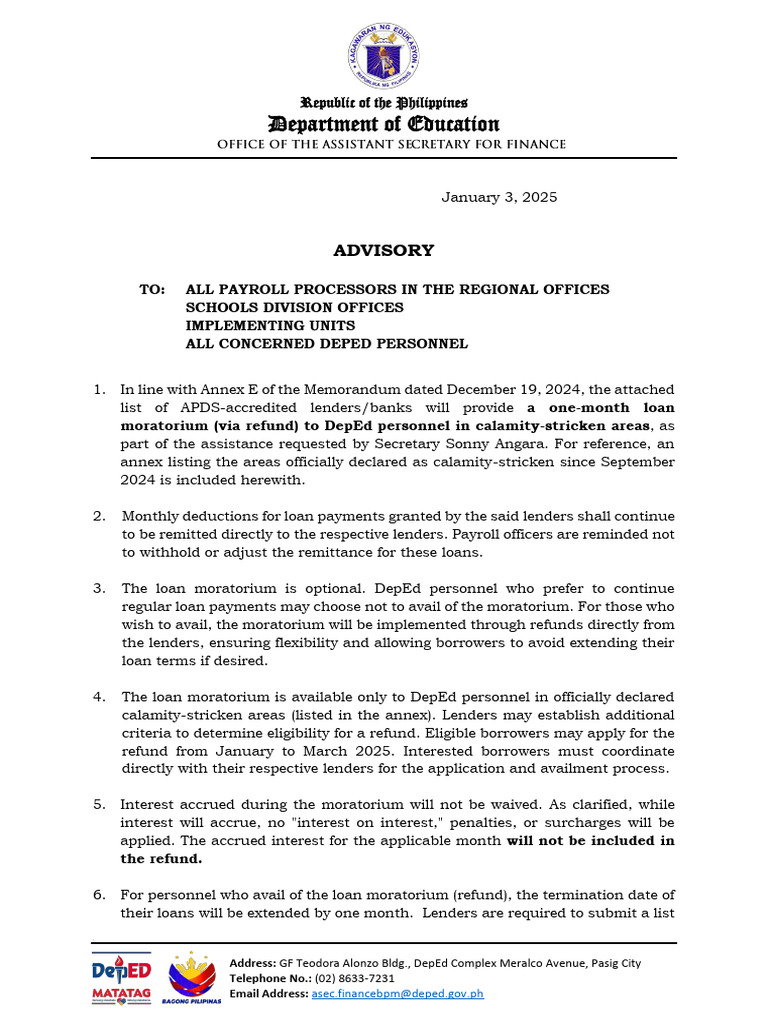 DepEd Loan Moratorium Advisory 2025 | PDF | Loans | Personal Finance