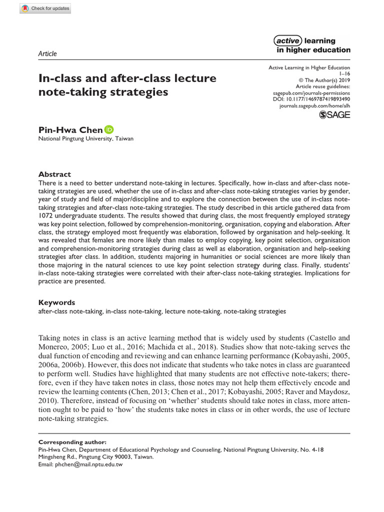 In Class and After Class Lecture Note Taking Strategies | PDF | Survey Methodology | Cronbach's ...