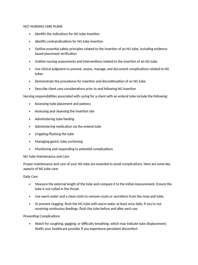 NGT Nursing Care Plane | PDF | Medicine | Diseases And Disorders