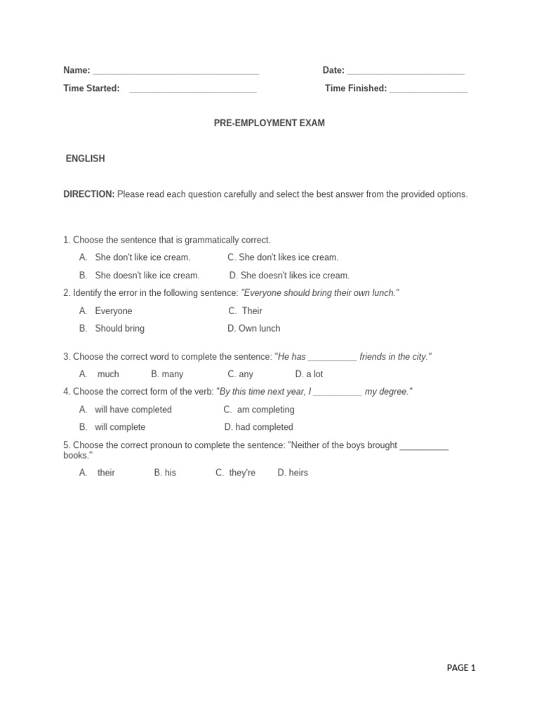 Pre-Employment Exam Sample Questions | PDF