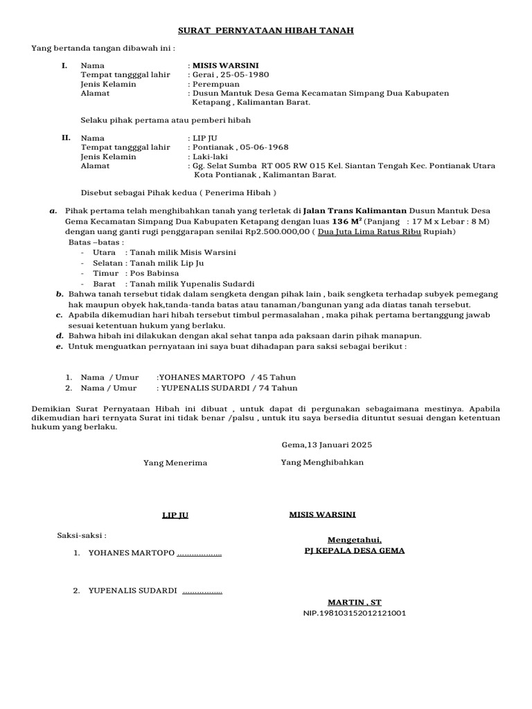 FORM SURAT PERNYATAAN HIBAH TANAH | PDF