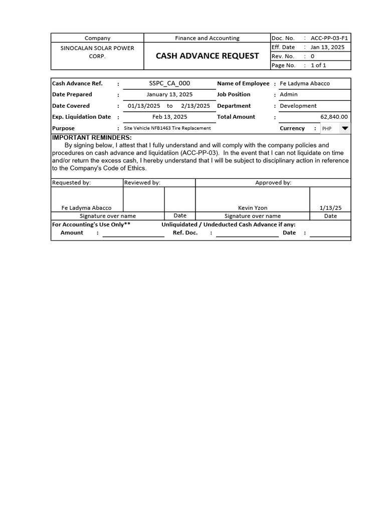 Cash Advance Request for Tire Replacement | PDF