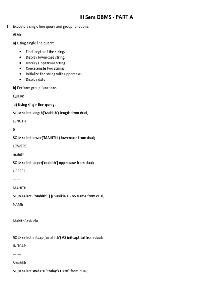 III Sem DBMS Lab Programs - Part A | PDF | Pl/Sql | Databases