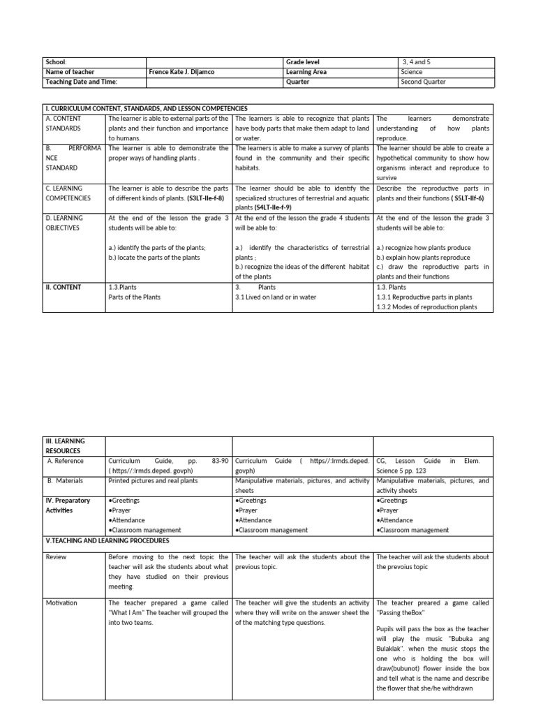 Multi Grade Lesson Plan | PDF | Flowers | Horticulture