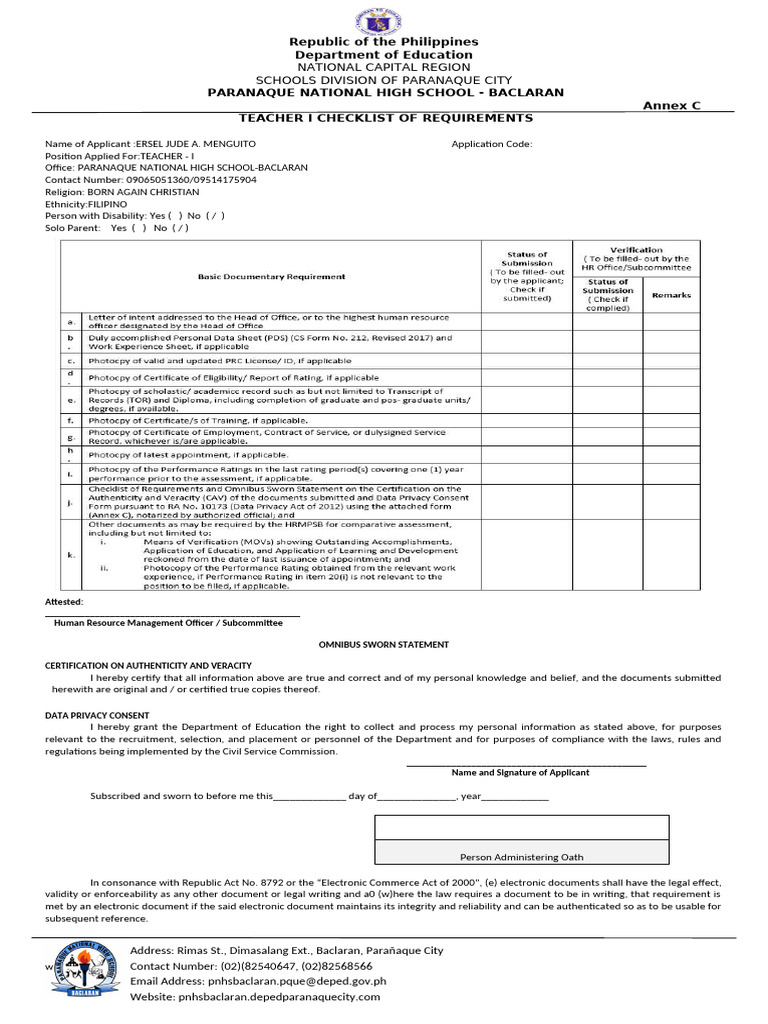 Checklist of Requirements For Teacher 1 Applicants | PDF