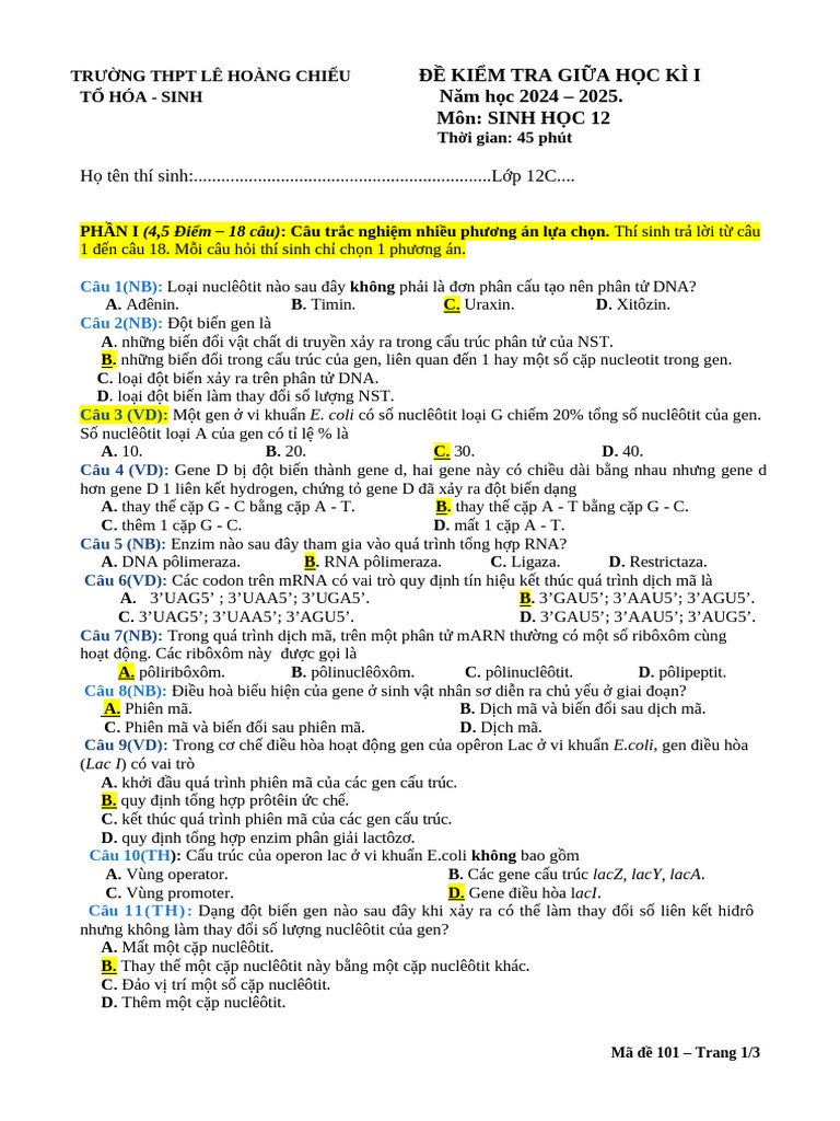 ĐỀ và ĐA_ KTGKI _SINH 12 (2024-2025) | PDF