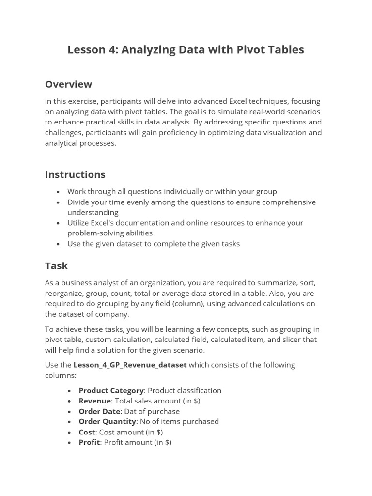 Lesson 04 Analyzing Data With Pivot Tables | PDF | Data | Information Retrieval