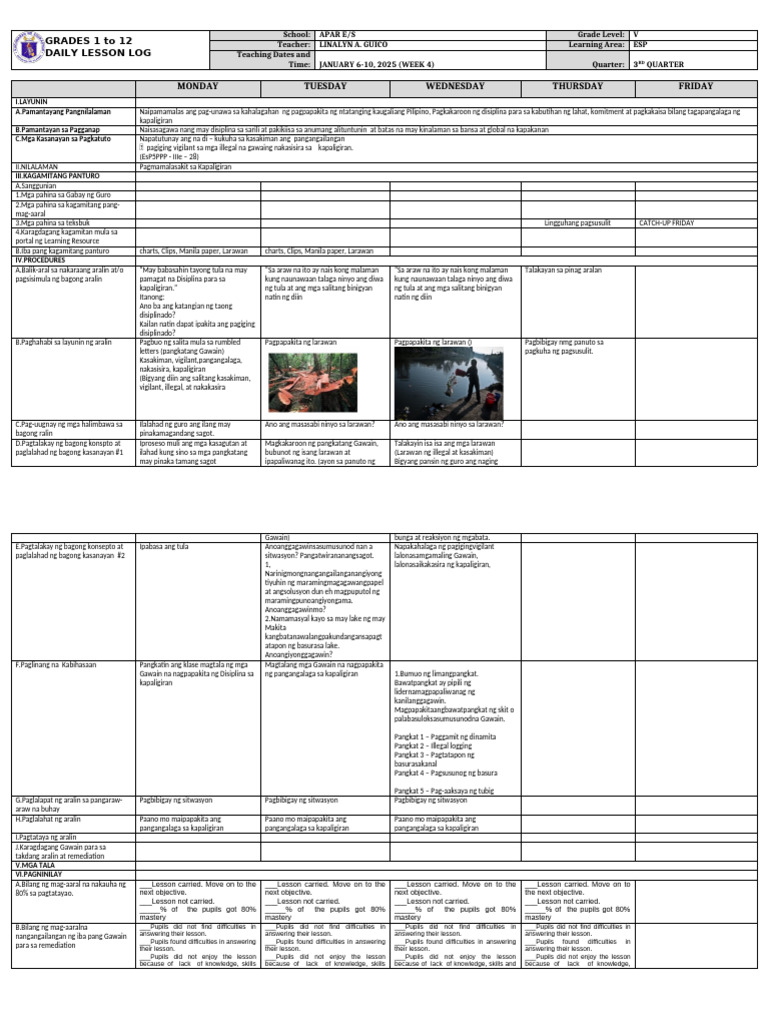 DLL - Esp 5 - Q3 - W4 | PDF | Differentiated Instruction | Learning