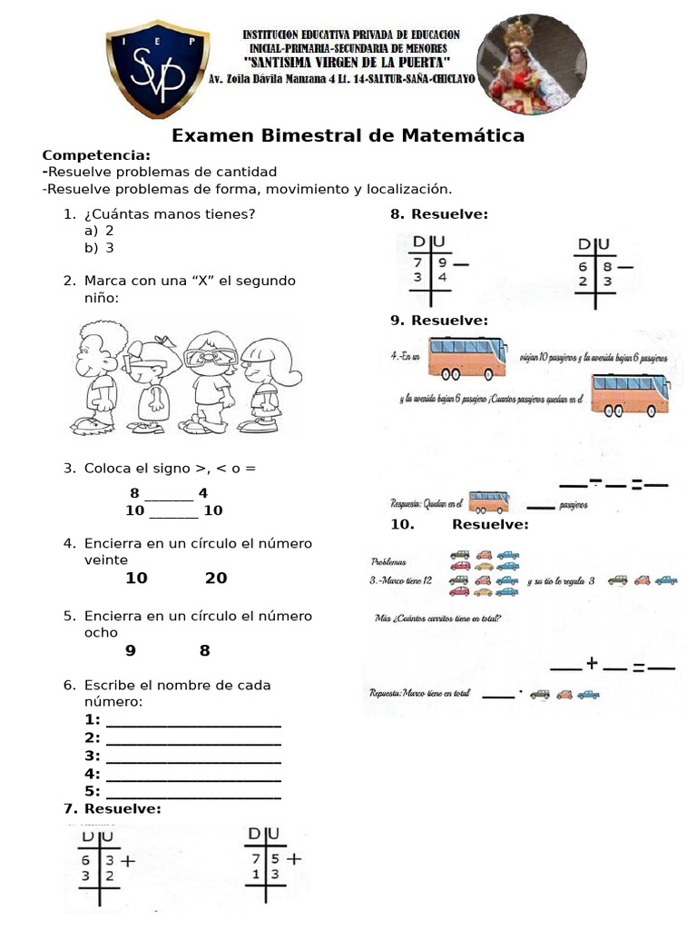 Examen Bimestral de Matemática | PDF