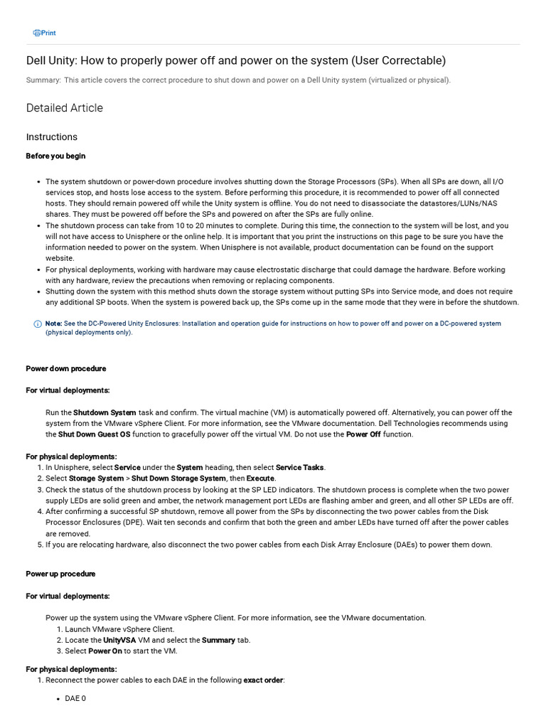 Dell Unity Power Off/On Guide | PDF | Virtual Machine | V Mware
