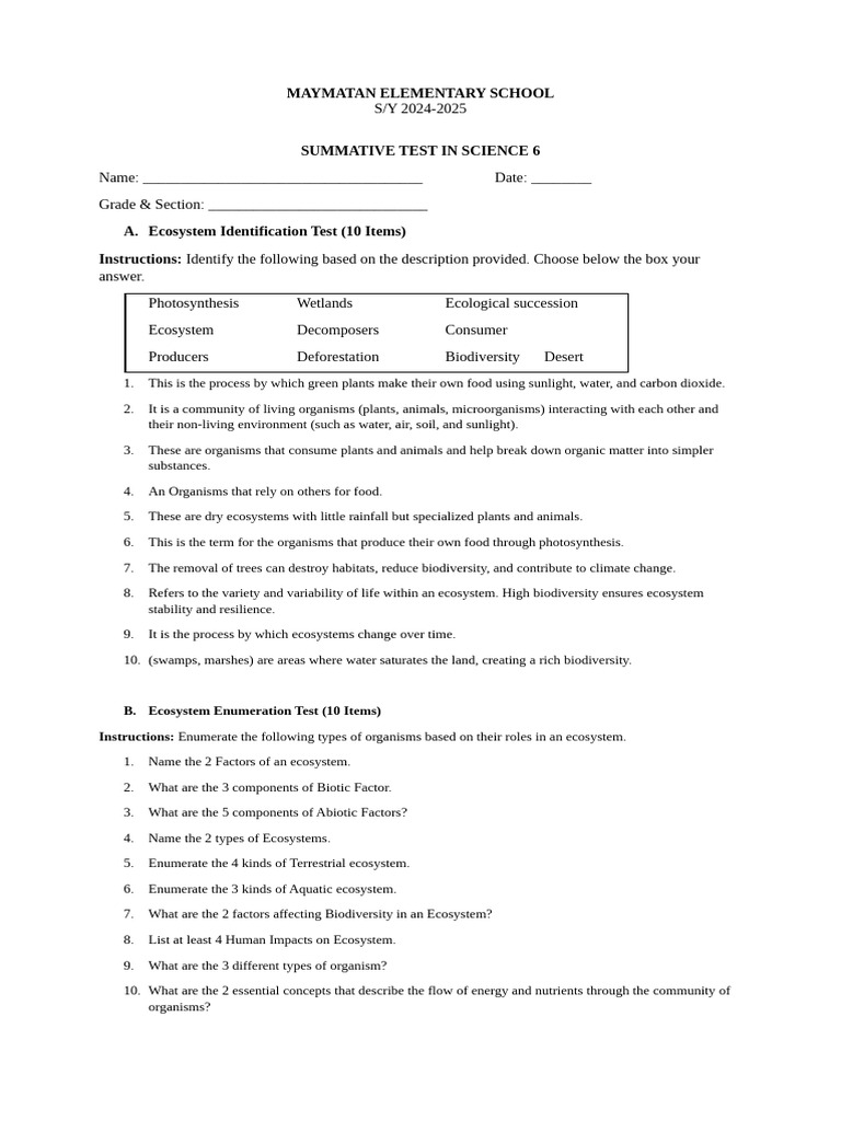 Grade 6 Ecosystem Summative Test | PDF | Ecosystem | Ecological Restoration