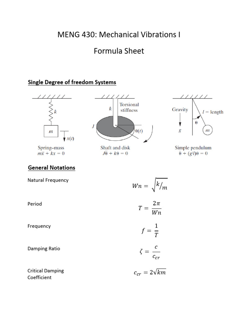 Mechanical Vibrations I Formula Sheet | PDF