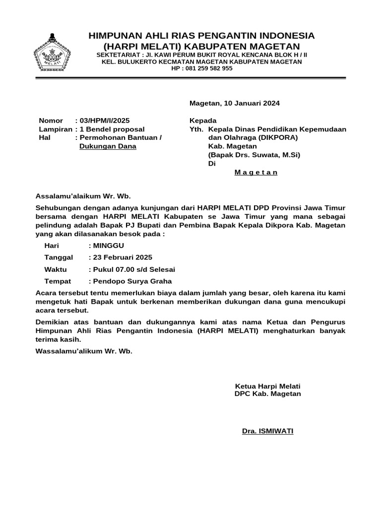 Surat Proposal Permohonan Peserta Lomba Ratu Kebaya Harpi Melati ...