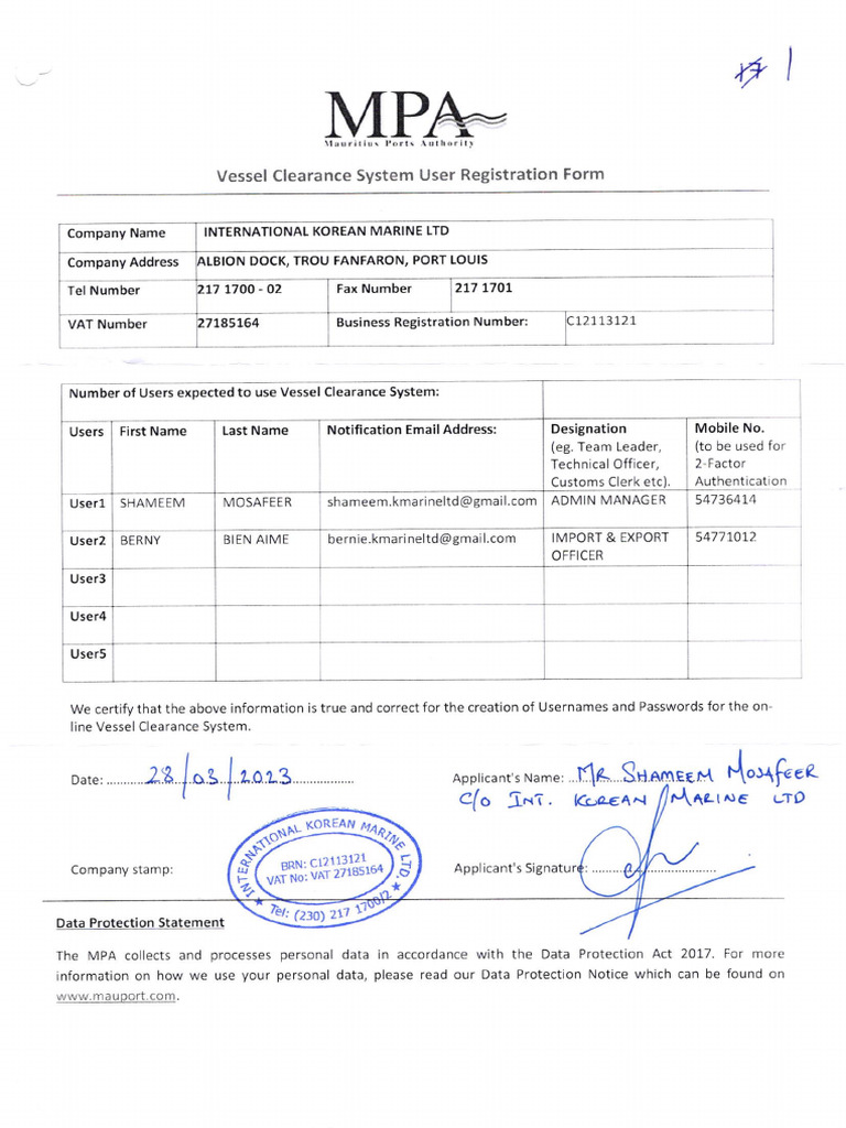Vessel Clearance System Registration Form | PDF | User (Computing ...