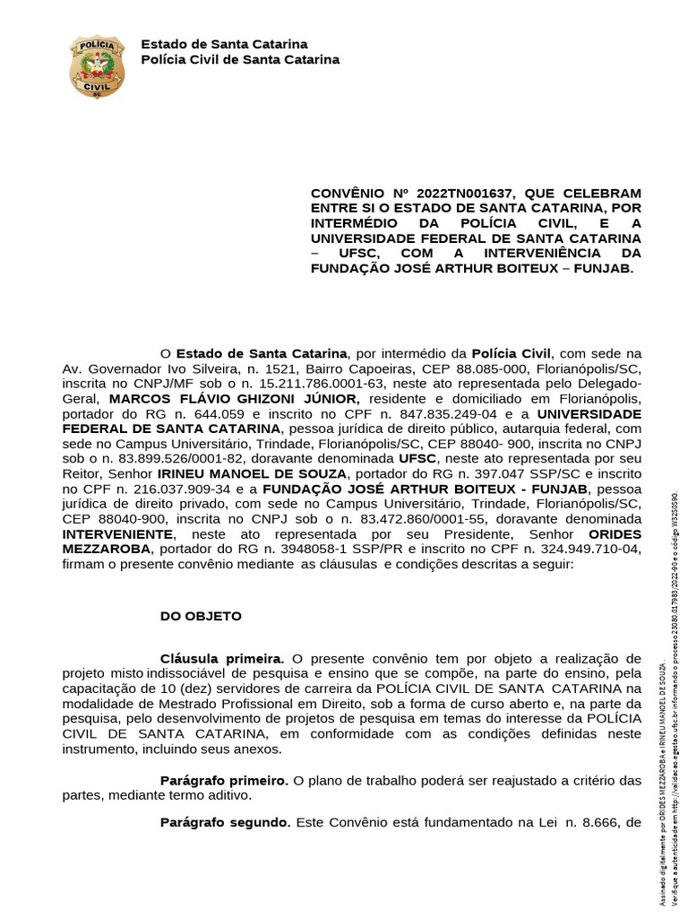 Termo de Convênio 2022TN001637 UFSC FUNJAB e PCSC | PDF | Propriedade ...