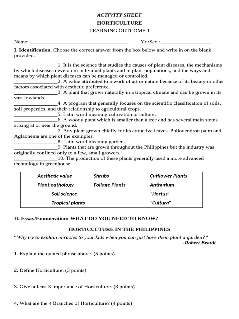 Horticulture Activity Sheet Guide | PDF