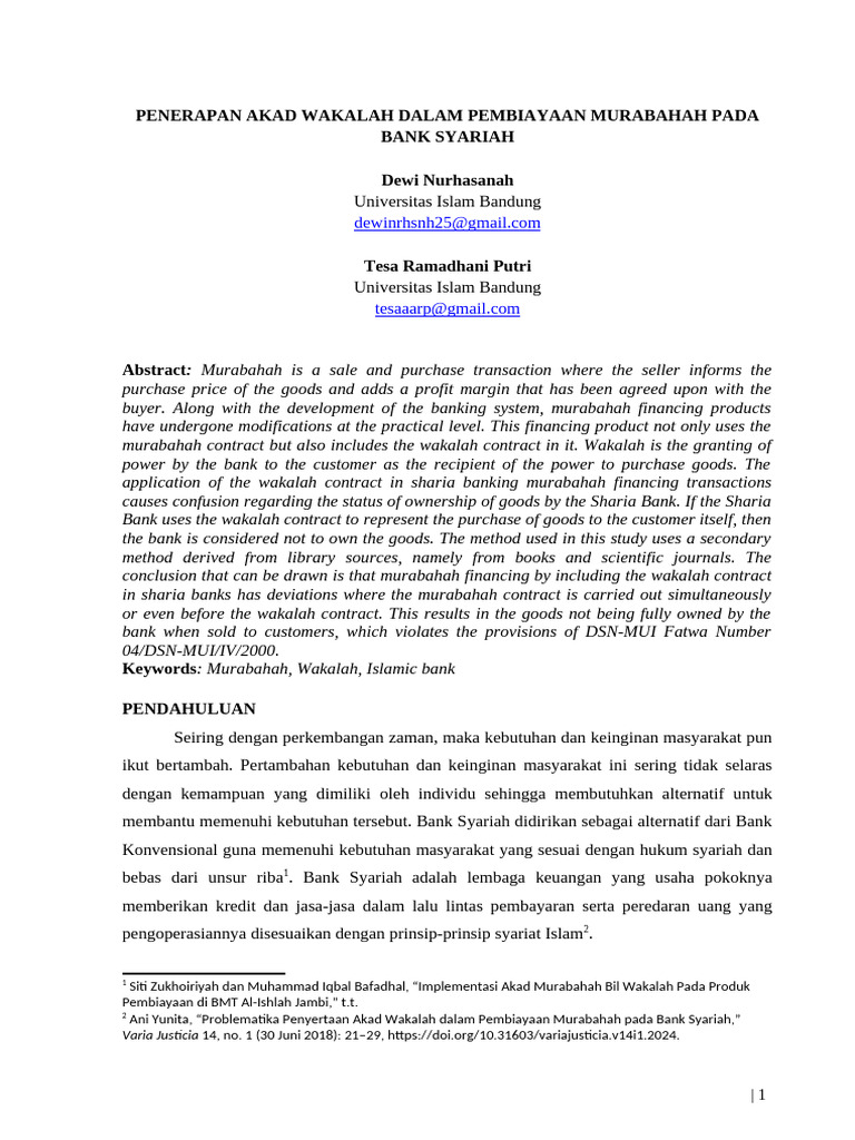 Penerapan Akad Wakalah Dalam Pembiayaan Murabahah Pada Bank Syariah | PDF