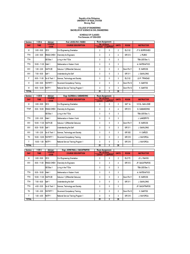 Civil Engineering Class Schedule 2024-2025 | PDF | Civil Engineering ...