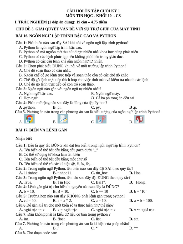 CÂU HỎI CK1 K10 CS ICT - 2024 - 2025 - HS | PDF